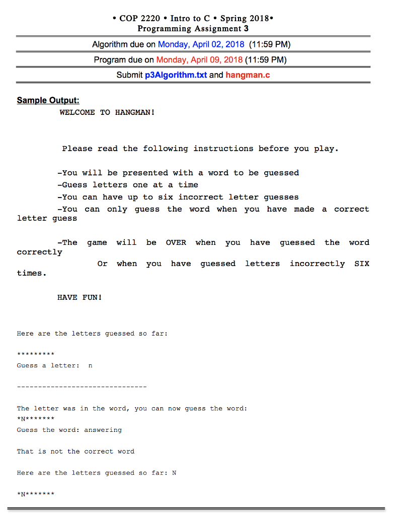 COP 2220 * Intro to C * Spring 2018* Programming | Chegg.com