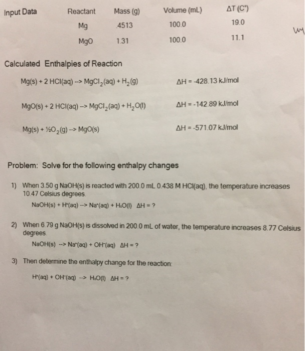 Solved Calculated Enthalpies of Reaction Mg(s) + 2 HCl(aq) | Chegg.com