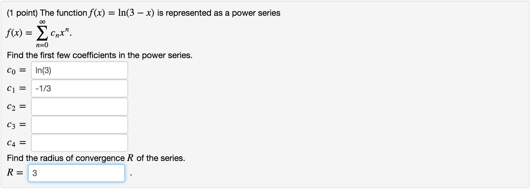 Solved (1 point) The function f(x) = ln(3 ? x) s | Chegg.com