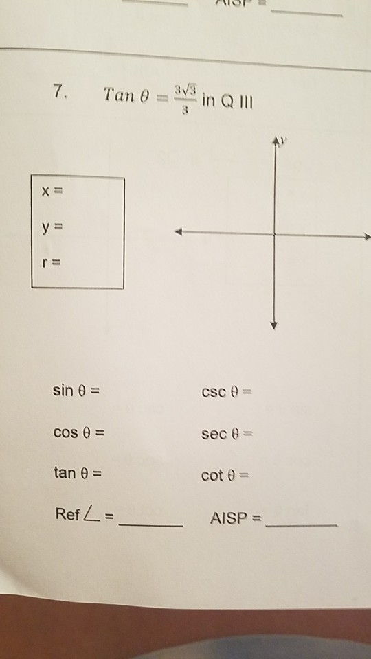 Solved Tan theta = 3 squareroot 3/3 in Q III x = y = r = | Chegg.com