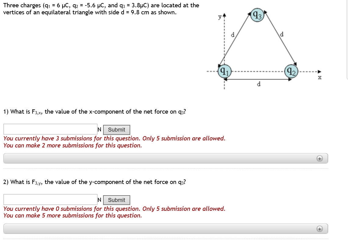 Solved Three charges (q1 = 6 ?C, q2 = -5.6 ?C, and q3 = | Chegg.com