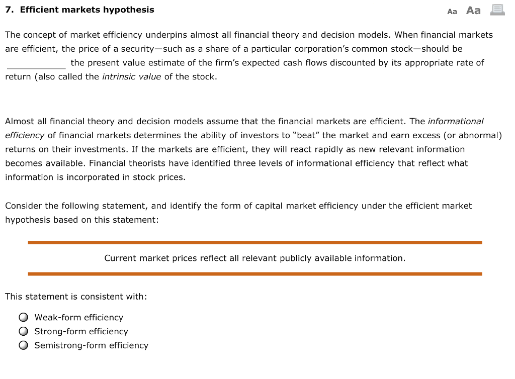 Solved 7. Efficient markets hypothesis The concept of market | Chegg.com