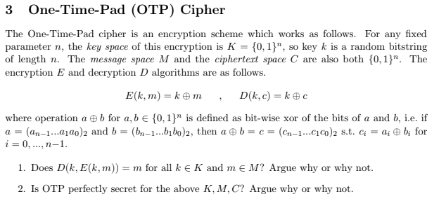 Solved 3 One Time Pad Otp Cipher The One Time Pad Cipher