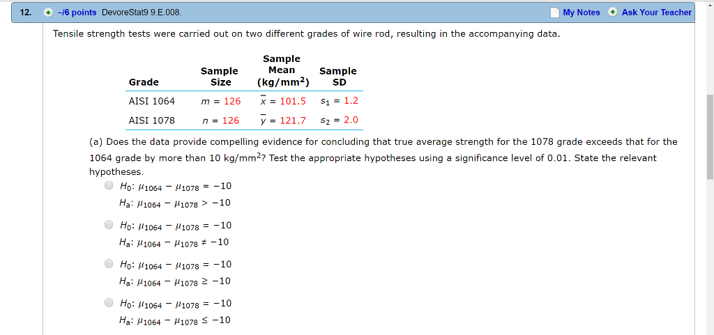 Solved 12 16 Points Devorestat9 9 E 008 My Notes Ask Your