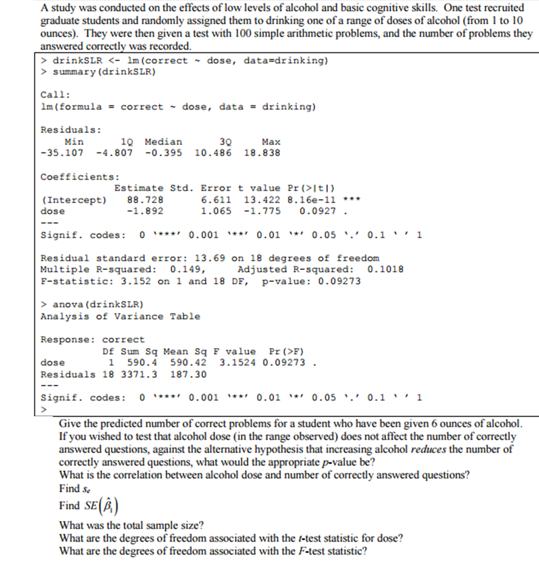 Solved A study was conducted on the effects of low levels of | Chegg.com