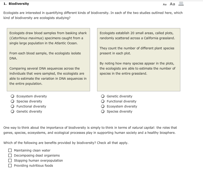 Solved 1. Biodiversity Aa Aa Ecologists are interested in | Chegg.com