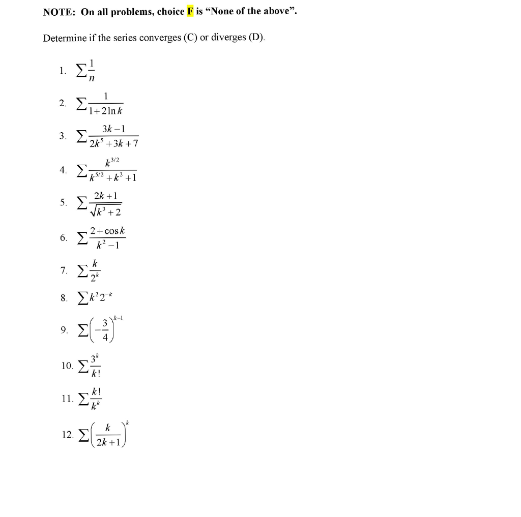 Solved NOTE: On all problems, choice F is "None of the | Chegg.com