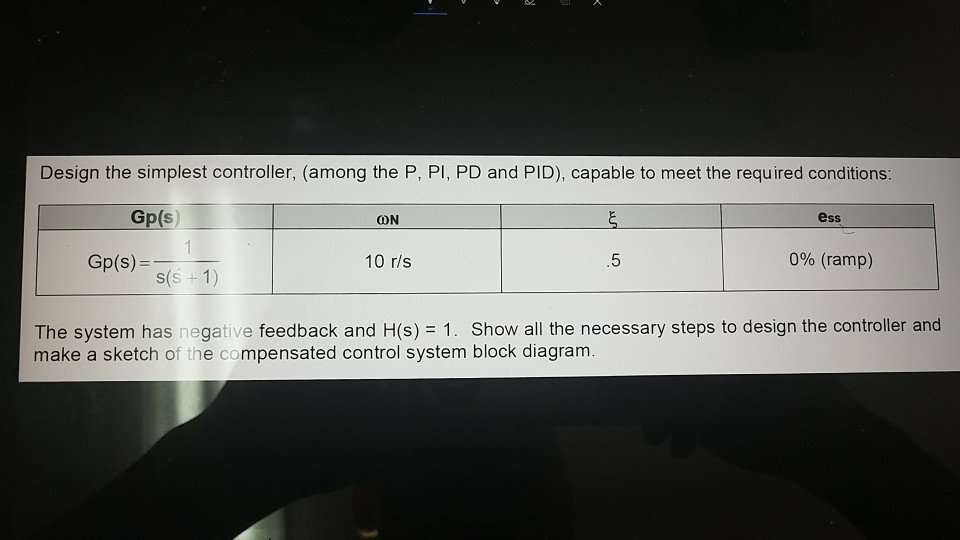 Solved Design the simplest controller, (among the P, PI, PD | Chegg.com