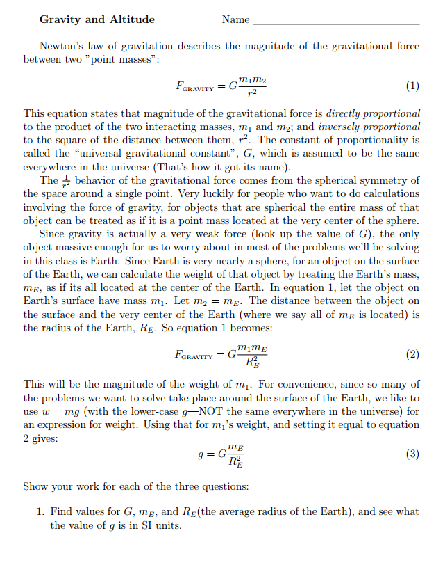 Solved Gravity and Altitude Name Newton's law of gravitation | Chegg.com