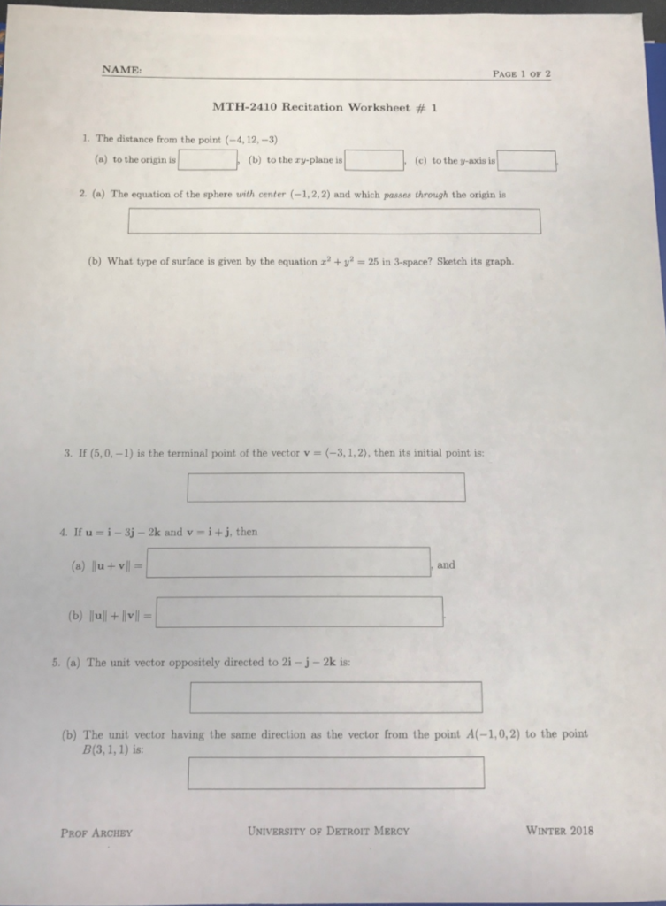 Solved NAME: PAGE 1 OF2 MTH-2410 Recitation Worksheet # 1 1. | Chegg.com
