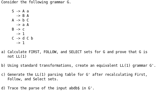 Consider the following grammar G S-A a -a A a) | Chegg.com