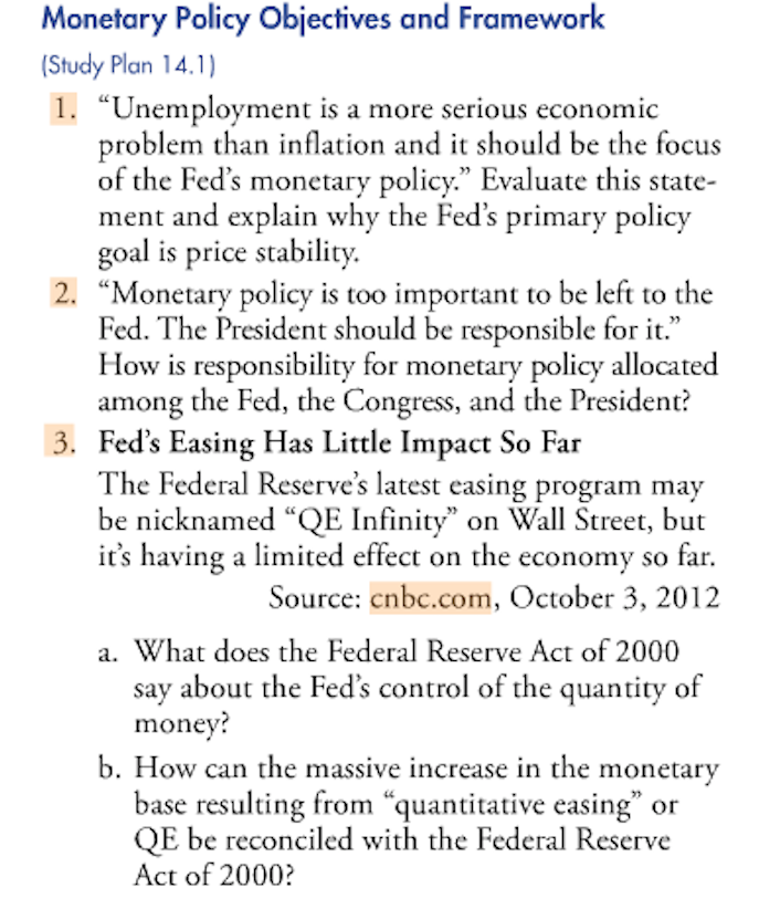 Solved Monetary Policy Objectives and Framework Study Plan | Chegg.com