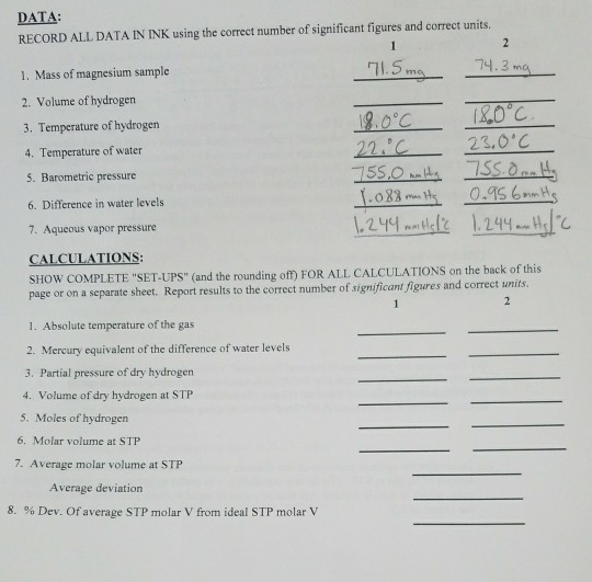 Solved DATA RECORD ALL DATA IN INK using the correct number | Chegg.com
