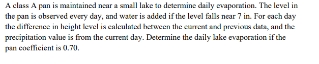 Solved A class A pan is maintained near a small lake to | Chegg.com