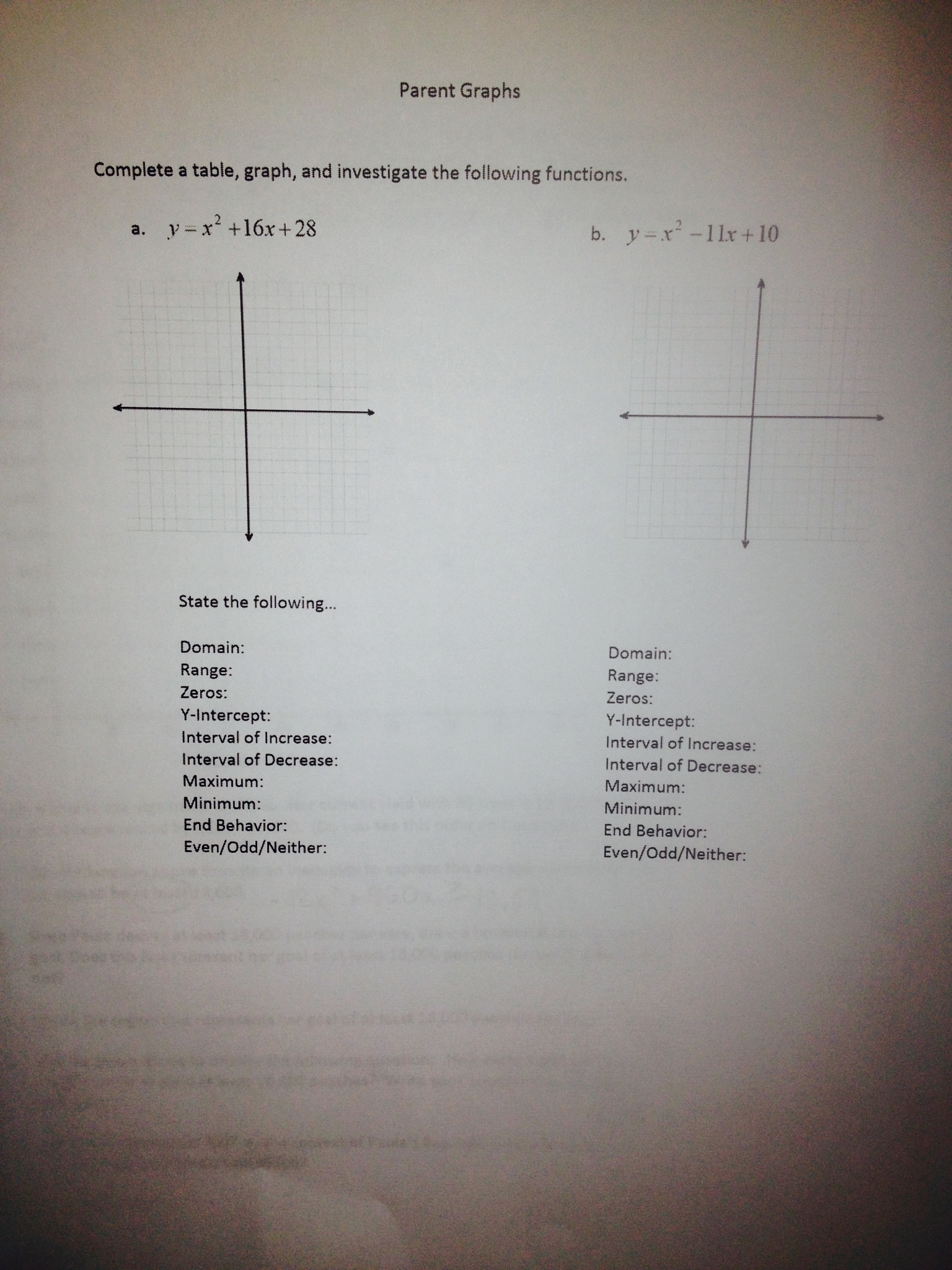 Solved Parent Graphs Complete a table, graph, and | Chegg.com