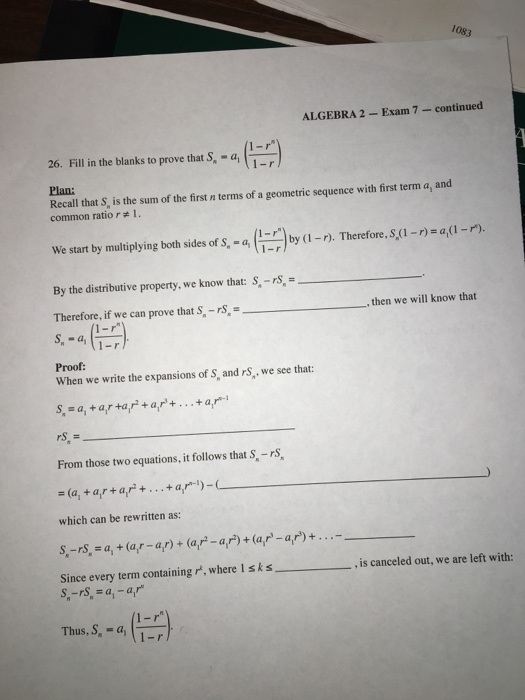 Solved Fill in the blanks to prove that S_n = a_1 (1 | Chegg.com