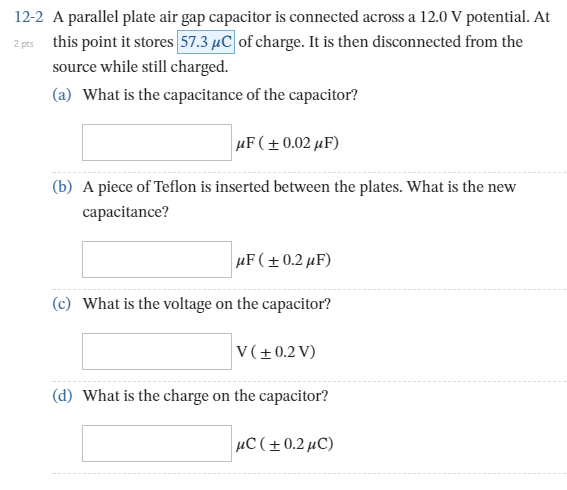 Solved 12-2 A parallel plate air gap capacitor is connected | Chegg.com