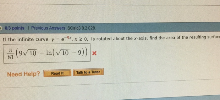 Solved If the infinite curve y = e^-9x, x | Chegg.com