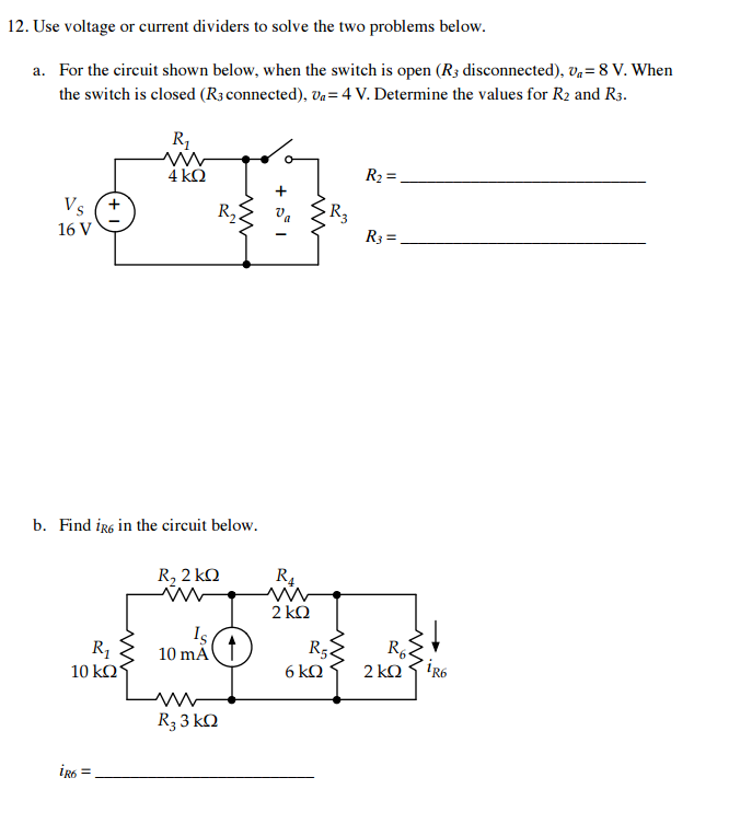 Solved Use voltage or current dividers to solve the two | Chegg.com