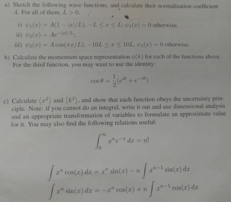 a) Sketch the following wave functions, and calculate | Chegg.com