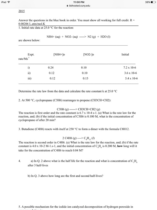 Solved Initial rate data at 25.0 degree C for the reaction; | Chegg.com