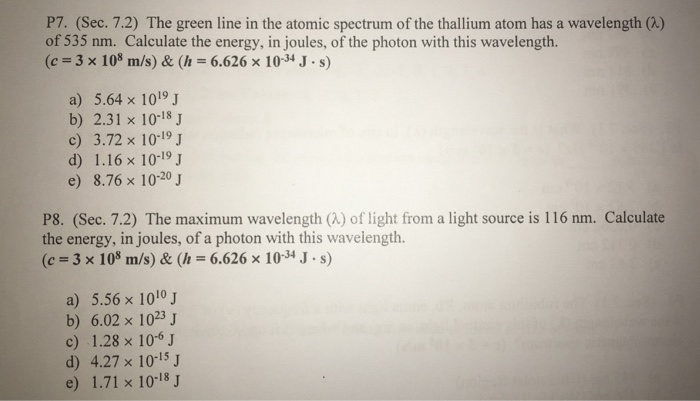 Solved The green line in the atomic spectrum of the thallium | Chegg.com