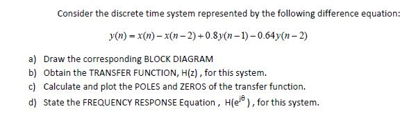 Solved Consider the discrete time system represented by the | Chegg.com
