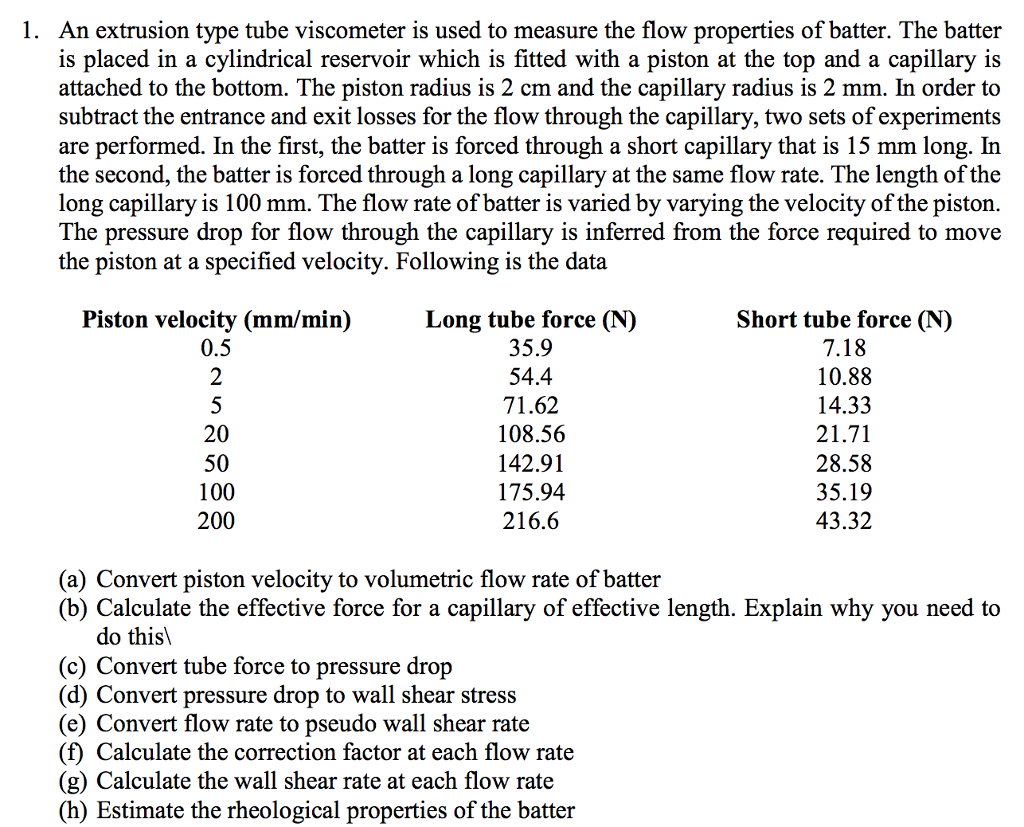 Solved 1. An extrusion type tube viscometer is used to | Chegg.com