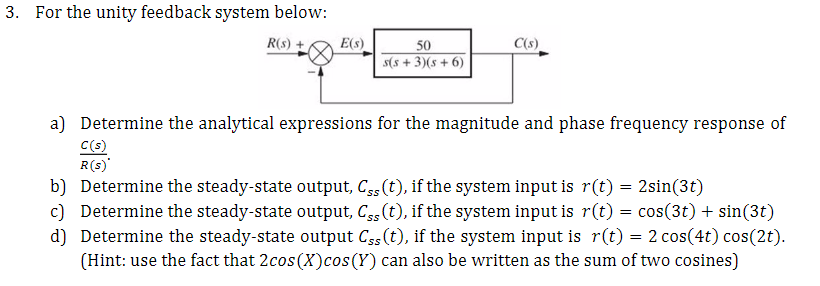 Solved 3. For the unity feedback system below: R(s) E(s) 50 | Chegg.com