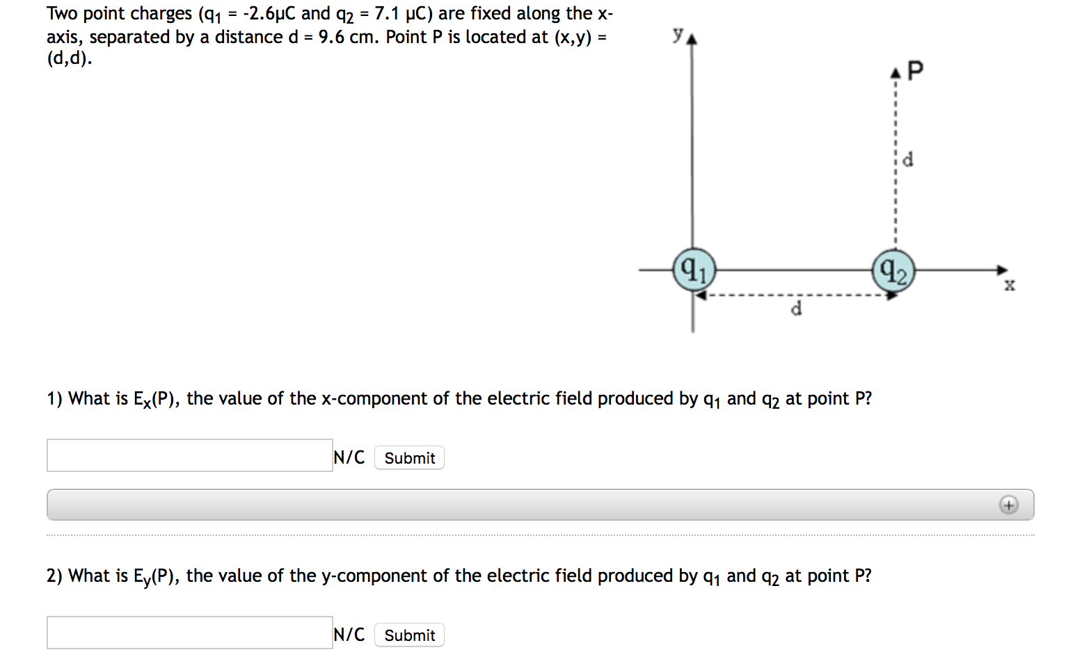 Solved Two point charges (q1 =-2.6pC and q2 = 7.1 pC are | Chegg.com