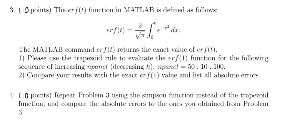 Solved The er f(t) function in MATLAB is defined as follows: | Chegg.com