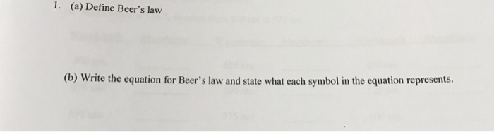 Solved Define Beer's law (b) Write the equation for Beer's | Chegg.com