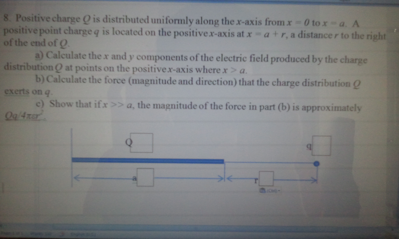 Solved Positive charge Q is distributed uniformly along the | Chegg.com