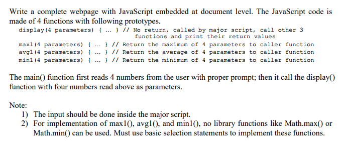 Write a complete webpage with JavaScript embedded at | Chegg.com