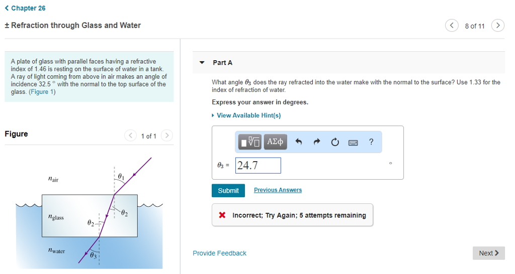 Solved Chapter 26 ± Refraction through Glass and Water 8 of | Chegg.com