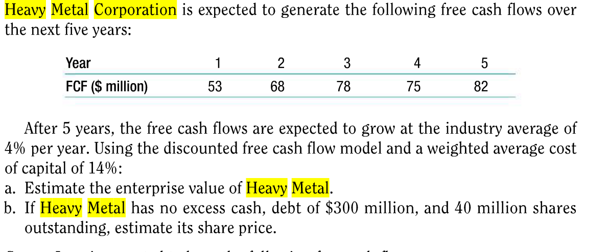 Solved Heavy Metal Corporation is expected to generate the | Chegg.com