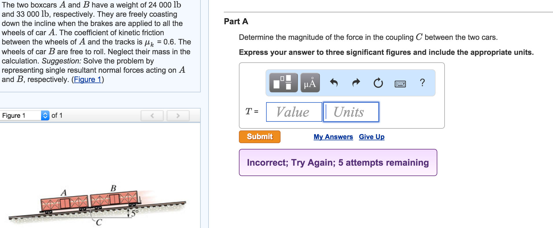 Solved The two boxcars A and B have a weight of 24 000 lb | Chegg.com