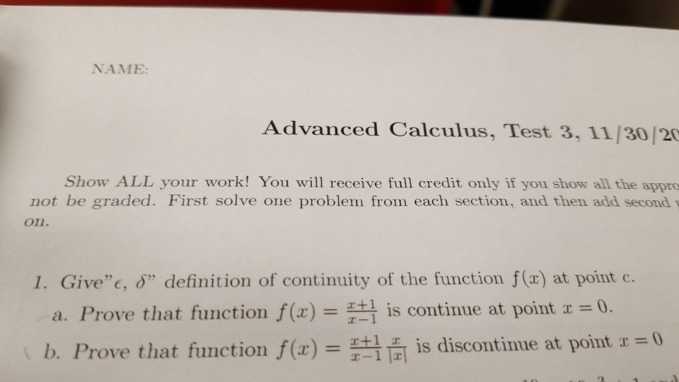Solved NAME Advanced Calculus, Test 3, 11/30/20 Show ALL | Chegg.com