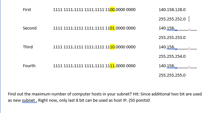 Solved 140.158.128.0 255.255.252.0 | 140.158 255.255.253.0 | Chegg.com