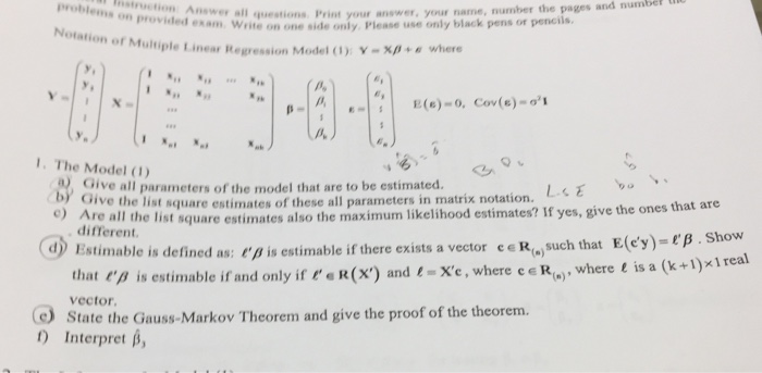 Solved Notation of Multiple Linear Regression Model(1) The | Chegg.com