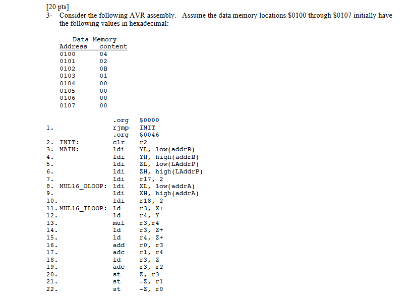 Solved 20 Pts 3 Consider The Following Avr Assembly 