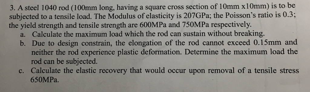 Solved 3. A steel 1040 rod (100mm long, having a square | Chegg.com