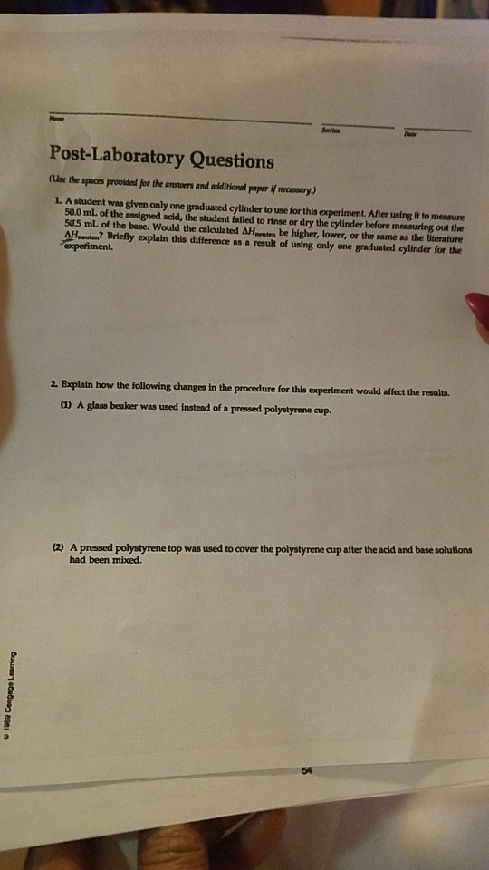Solved Post-Laboratory Questions (use the spaces provided | Chegg.com