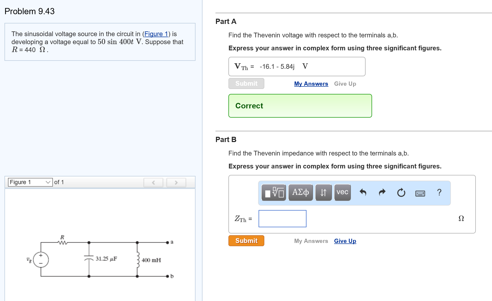 Solved Problem 943 Part A The Sinusoidal Voltage Source In 