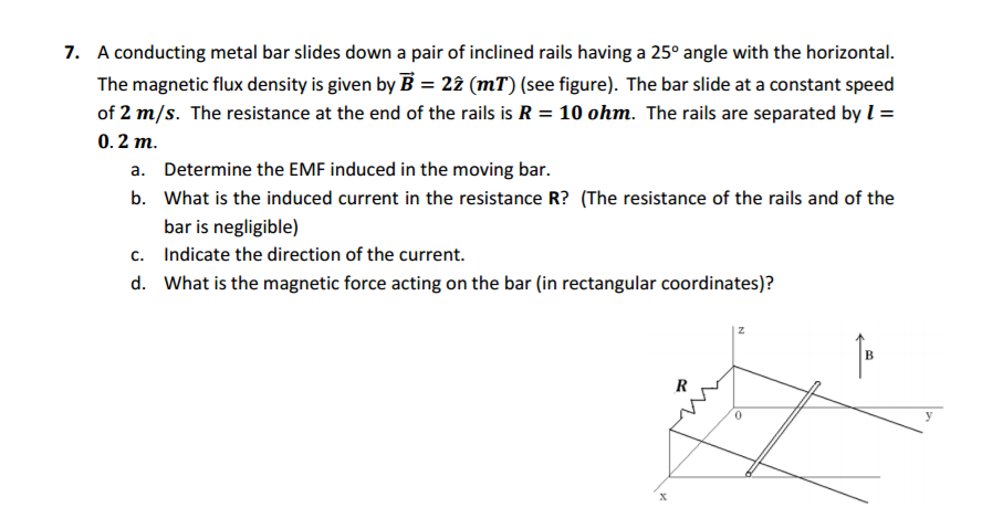 Solved A conducting metal bar slides down a pair of inclined | Chegg.com