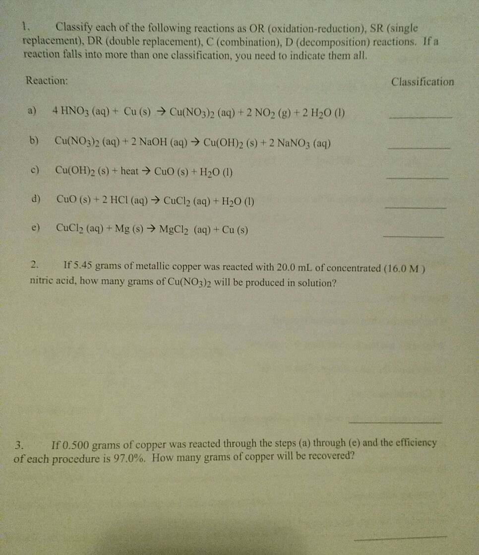 Solved 1. Classify each of the following reactions as OR | Chegg.com