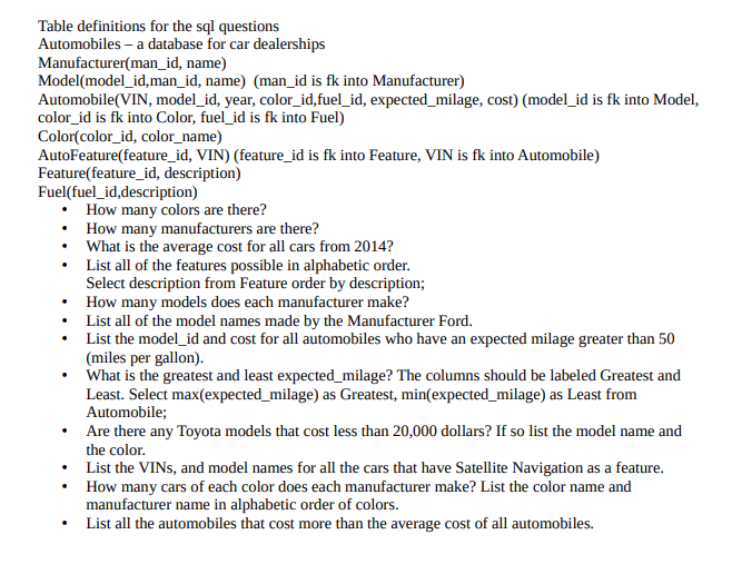 Solved Table definitions for the sql questions Automobiles - | Chegg.com