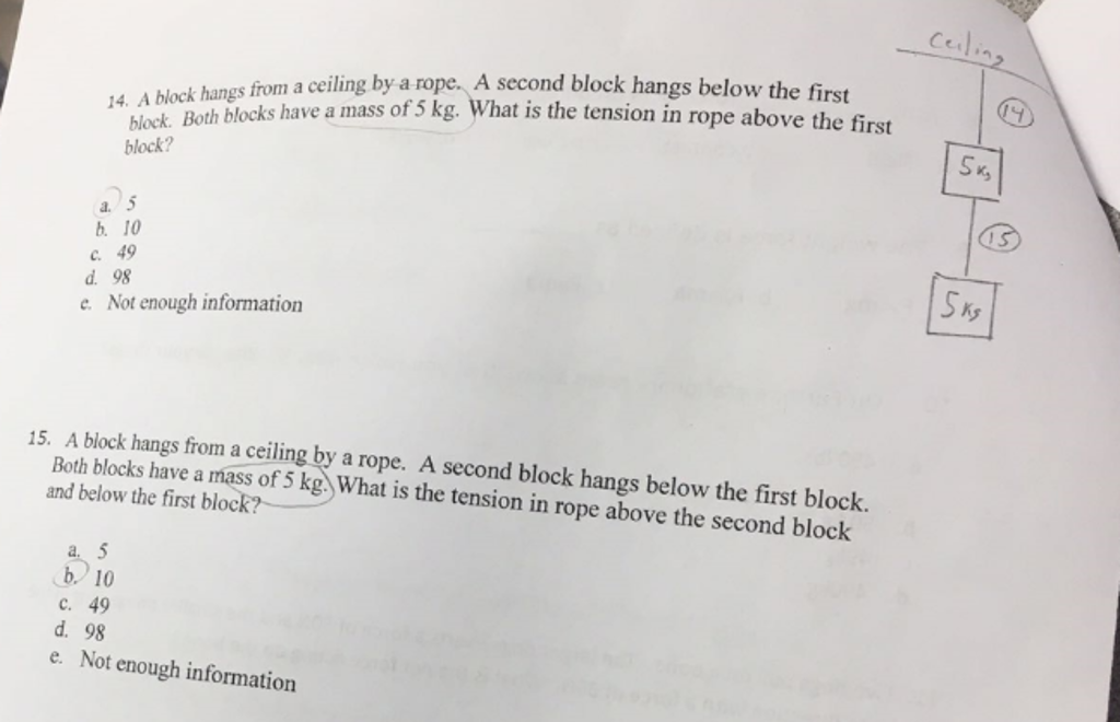 Solved A block hangs from a ceiling by a rope. A second | Chegg.com