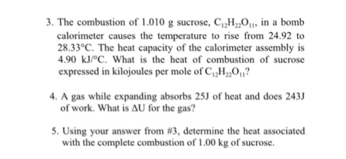 Solved The combustion of 1.010 g sucrose, C_12 H_22 O_11, in | Chegg.com