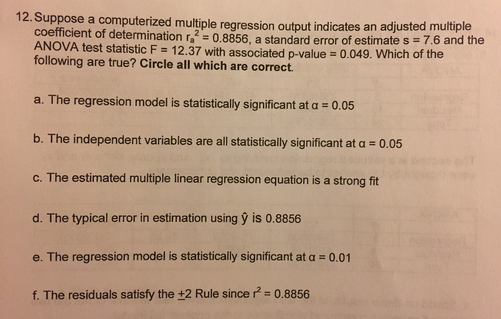 Solved Suppose a computerized multiple regression output | Chegg.com